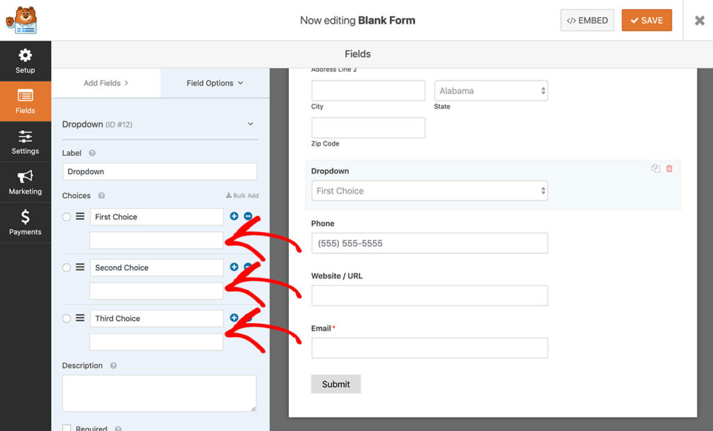 Add field values for Dropdown, Checkboxes, and Multiple Choice fields Add field values for Dropdown, Checkboxes, and Multiple Choice fields
