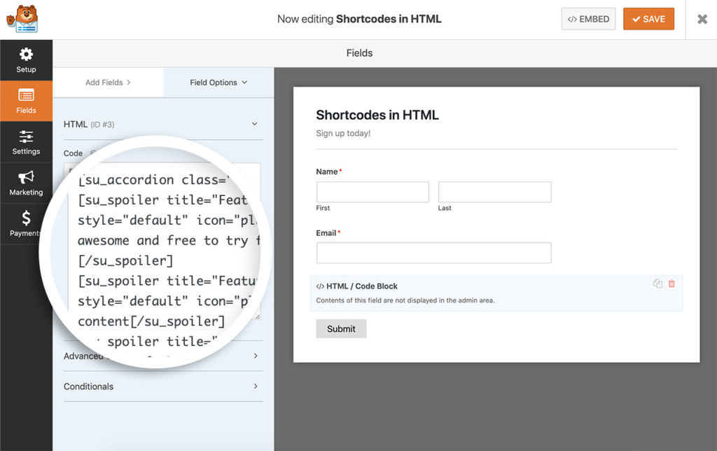 How to Display Shortcodes Inside the HTML Field with WPForms