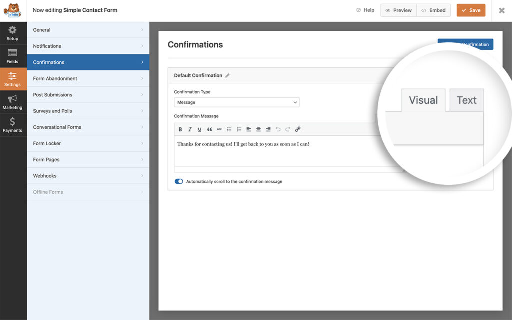 Disable the WYSIWYG Editor Inside the Confirmation Settings