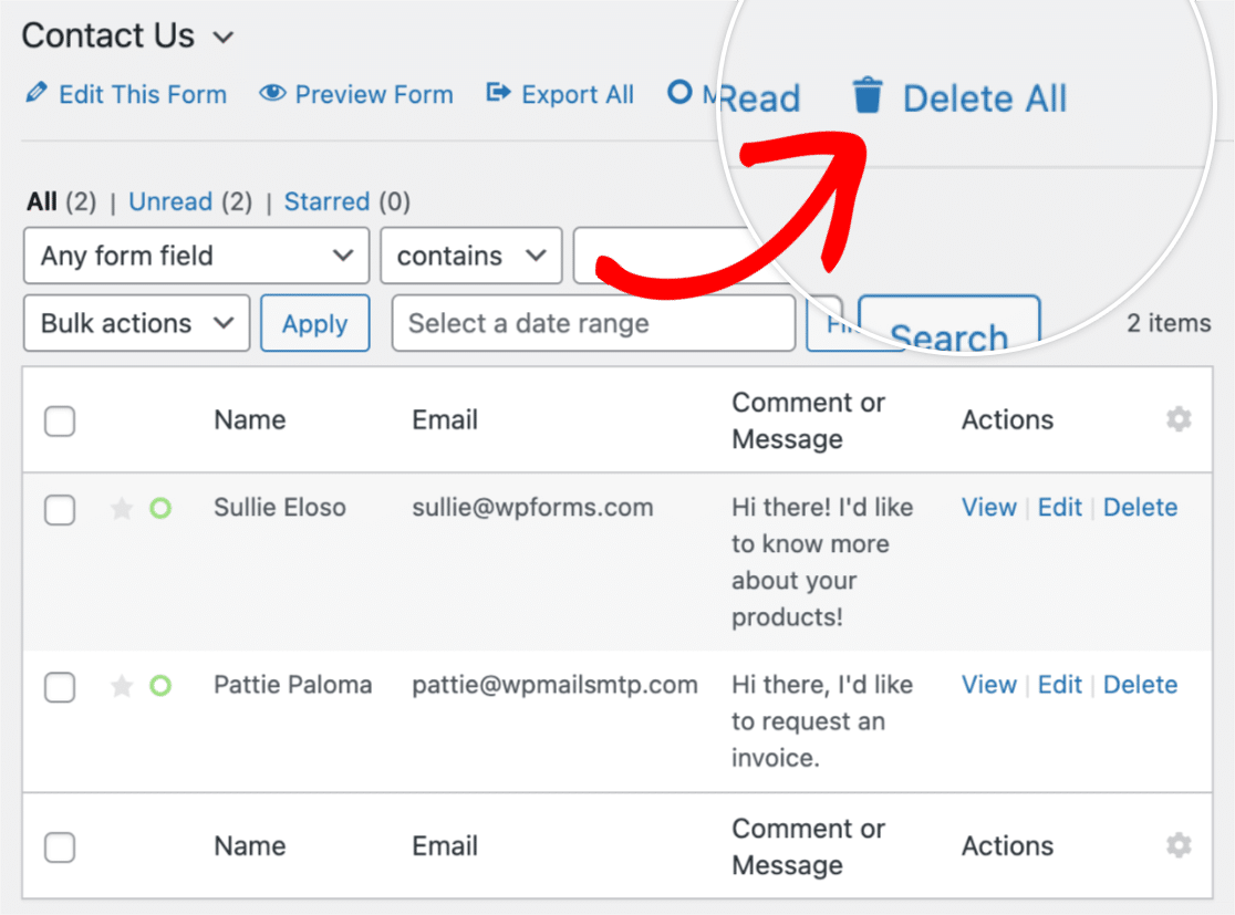 How To Delete All Entries For A Form In WPForms