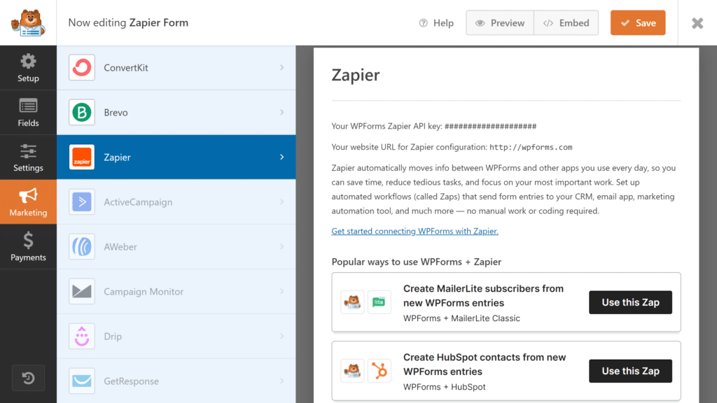 Zapier Addon for WPForms - WPForms