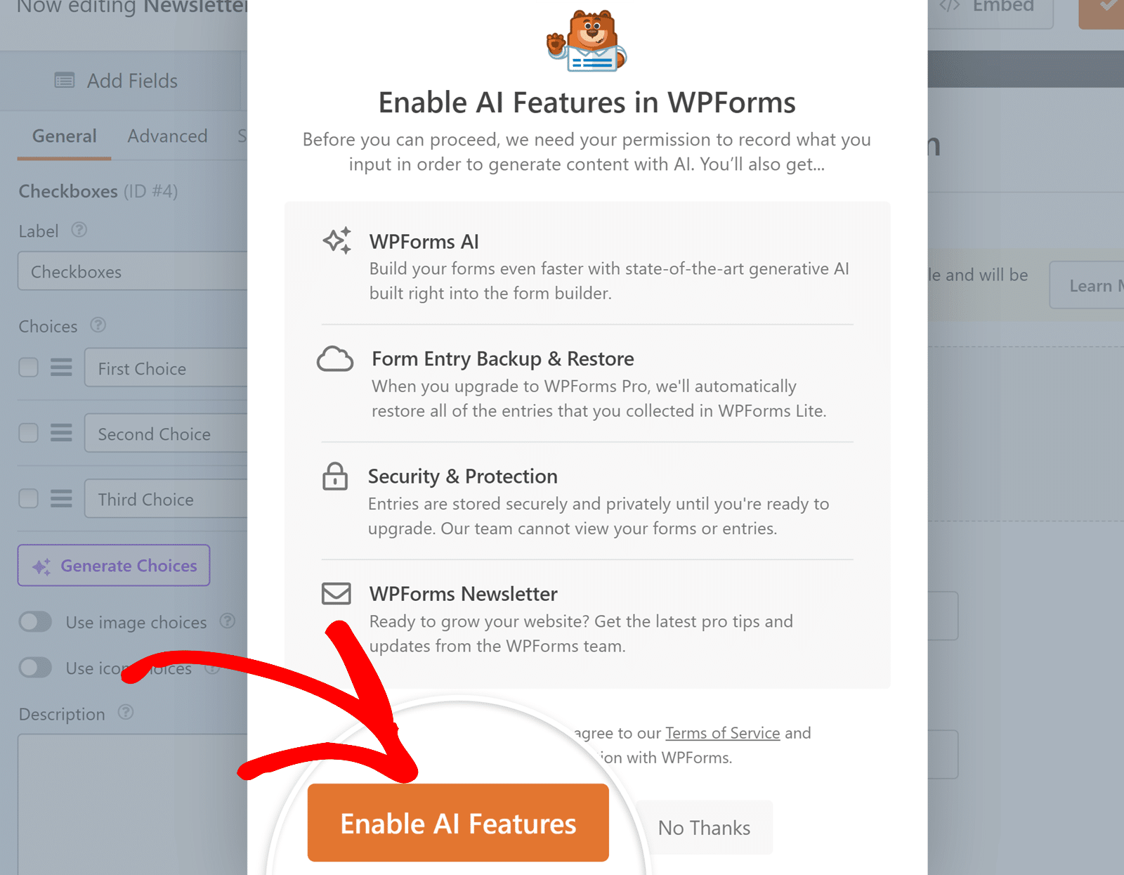 Generación de opciones de formulario con WPForms AI - WPForms